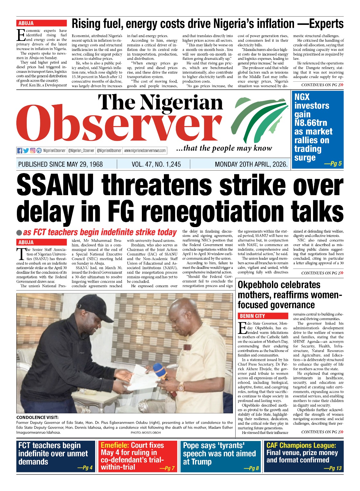 Monday April 20, 2026 – The Nigerian Observer