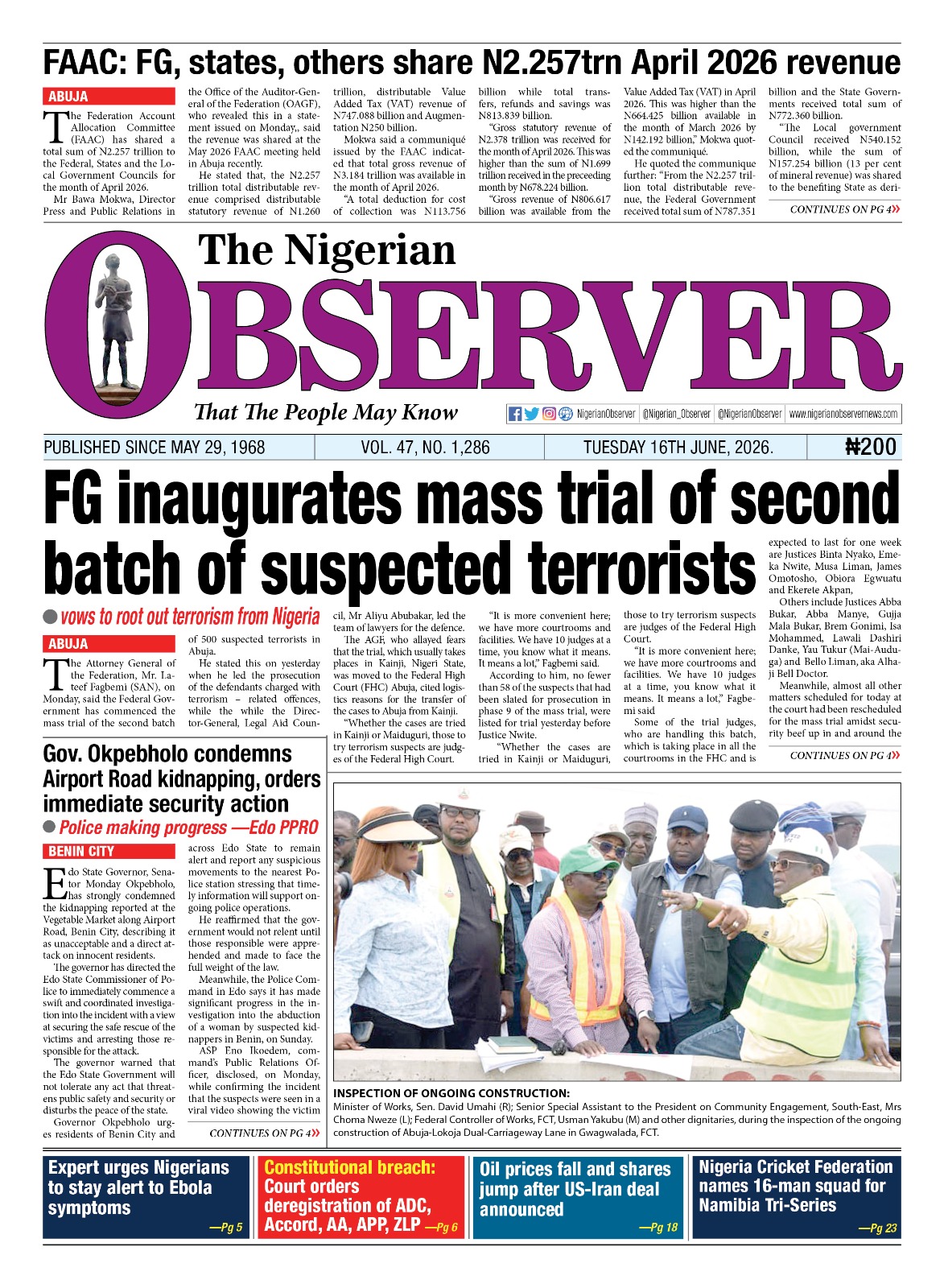 Tuesday June 16, 2026 – The Nigerian Observer
