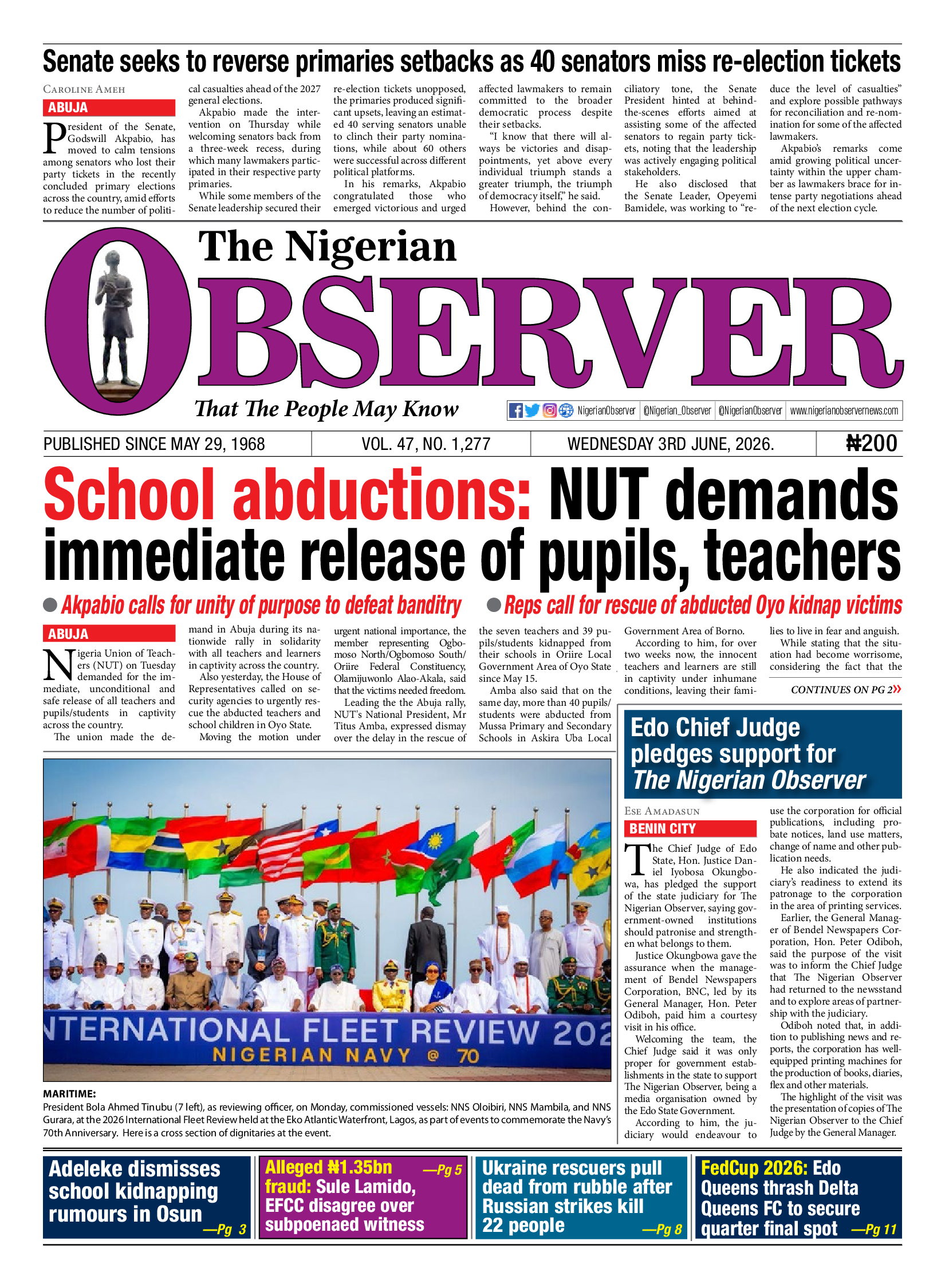 Wednesday June 3, 2026 – The Nigerian Observer